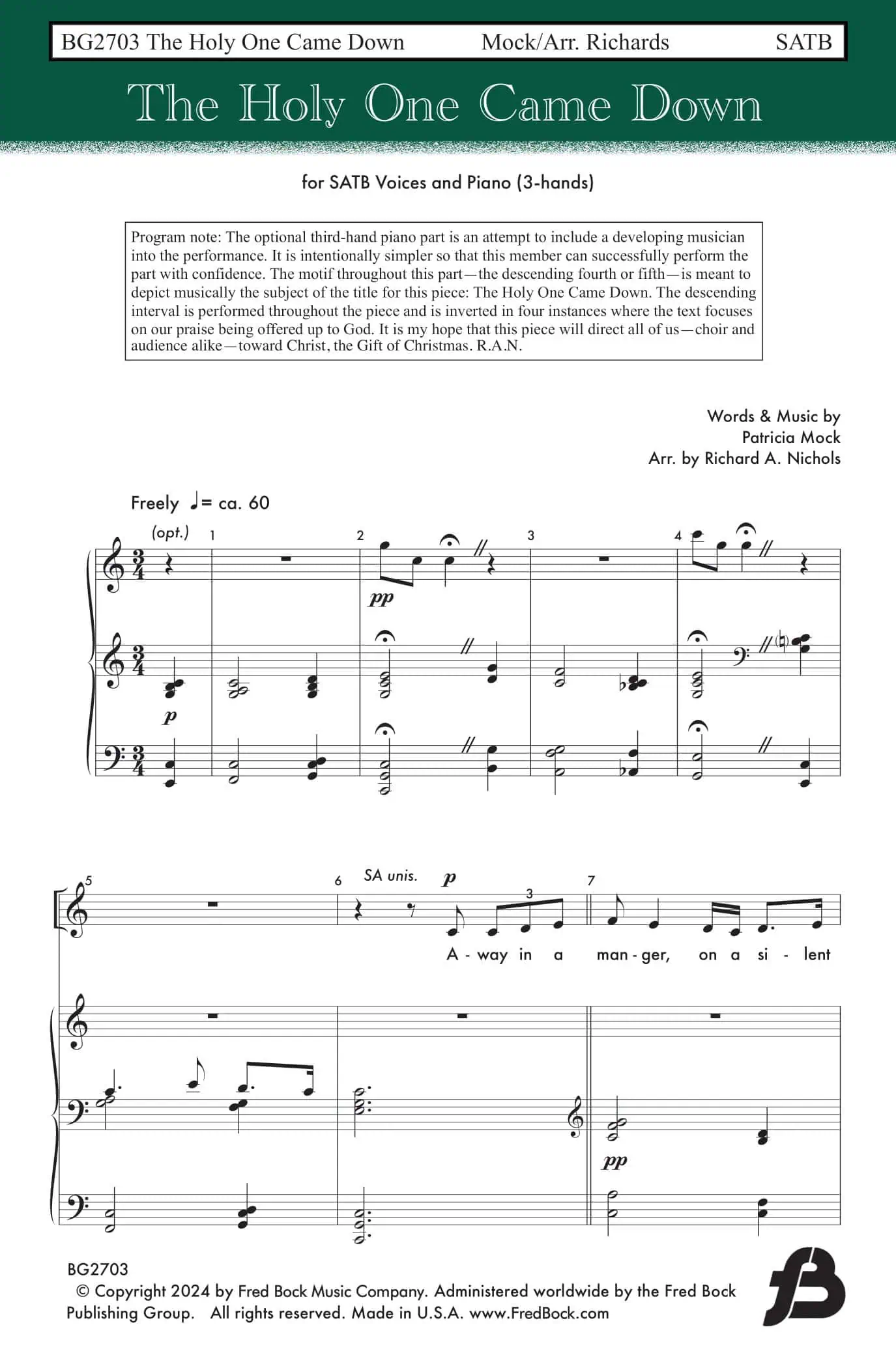 The Holy One Came Down - SATB - Digital - Fred Bock Music