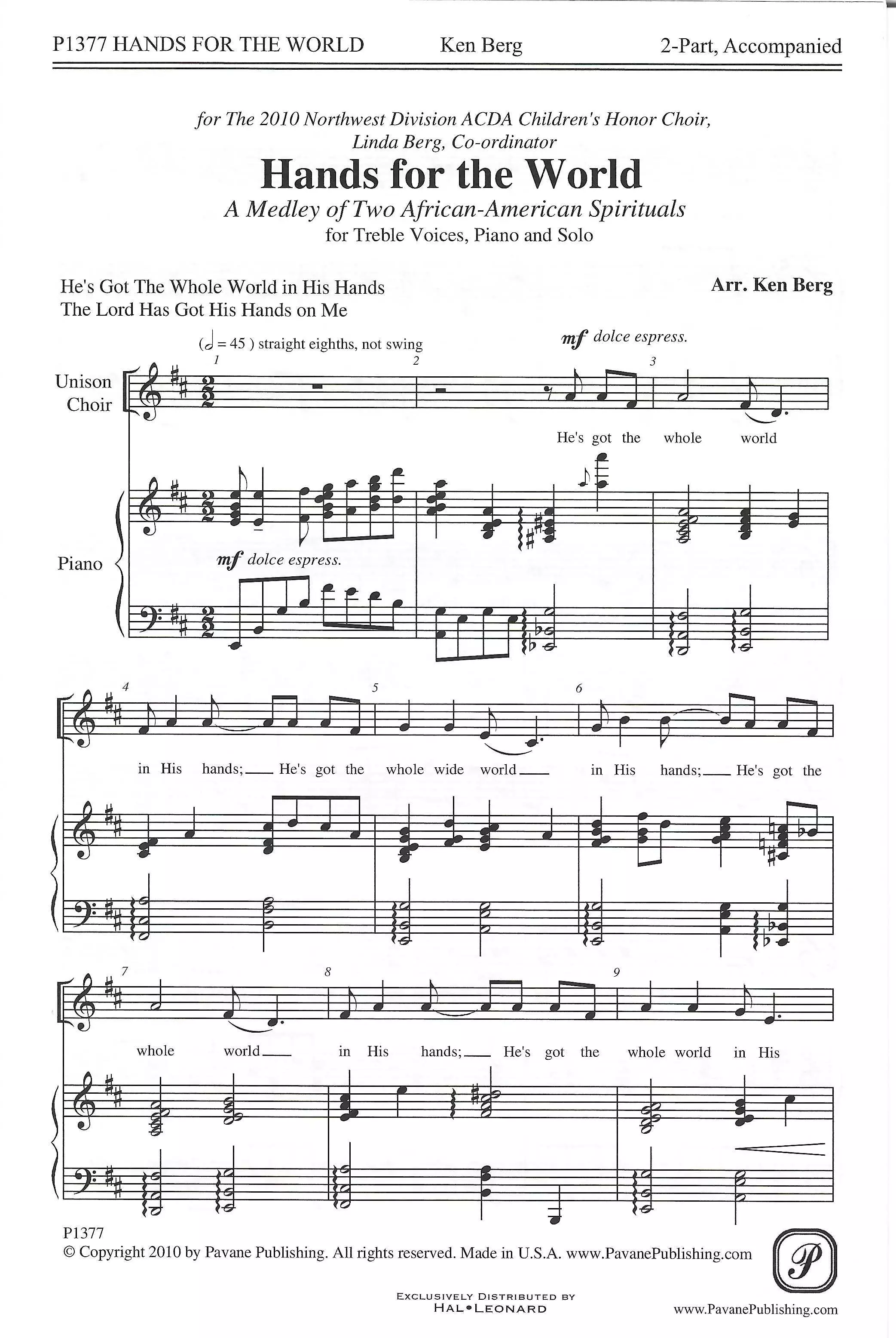 Hands For The World - 2-Part Treble - Choral Score - Pavane Publishing
