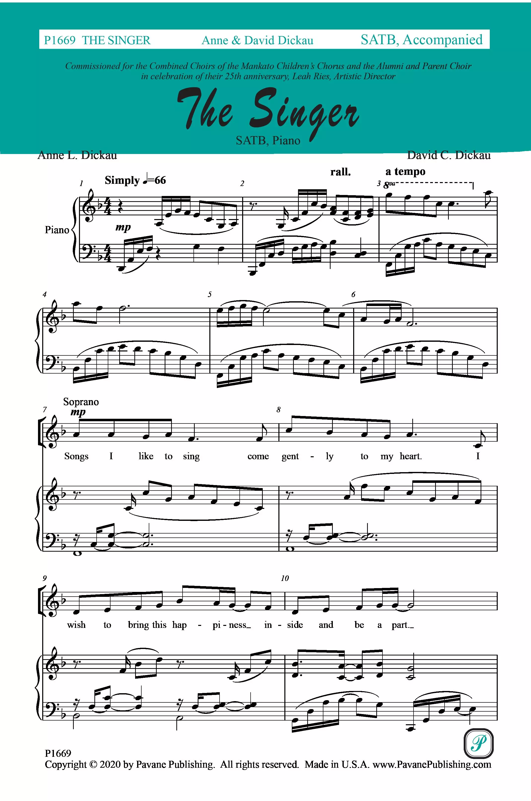 The Singer - SATB - Choral Score - Pavane Publishing