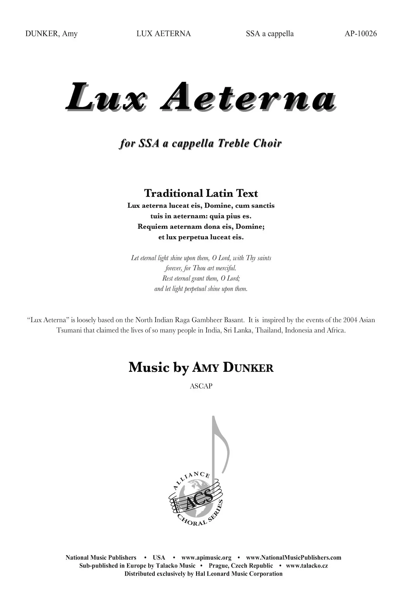 Lux Aeterna - Ssa A Cap - SSA - Alliance Publications, Inc.