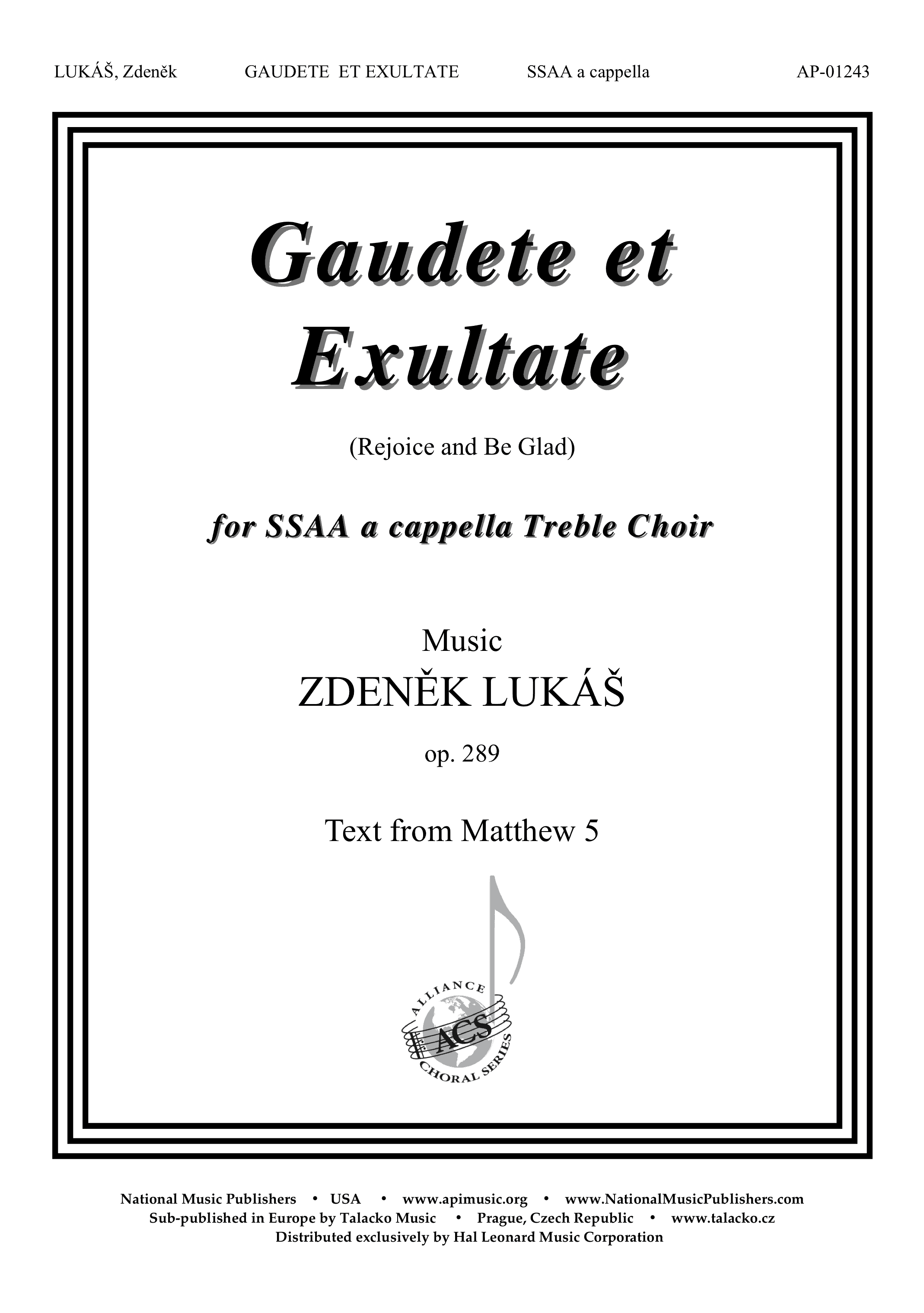 Gaudete Et Exsultate - Ssaa A Cap - SSAA - National Music Publishers
