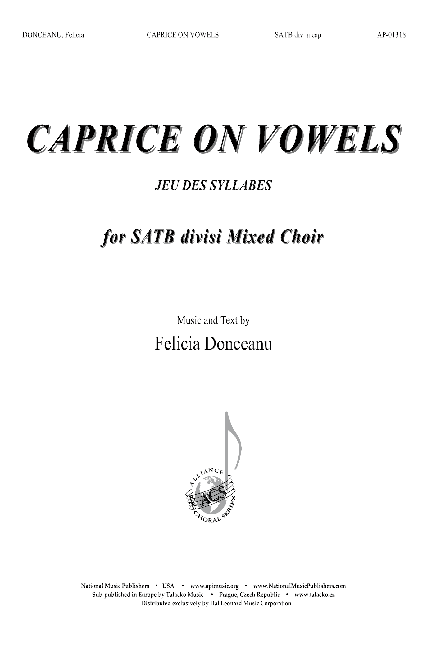 Caprice On Vowels/Jeu Des Syllabes - Satb A Cap - SATB - Alliance ...
