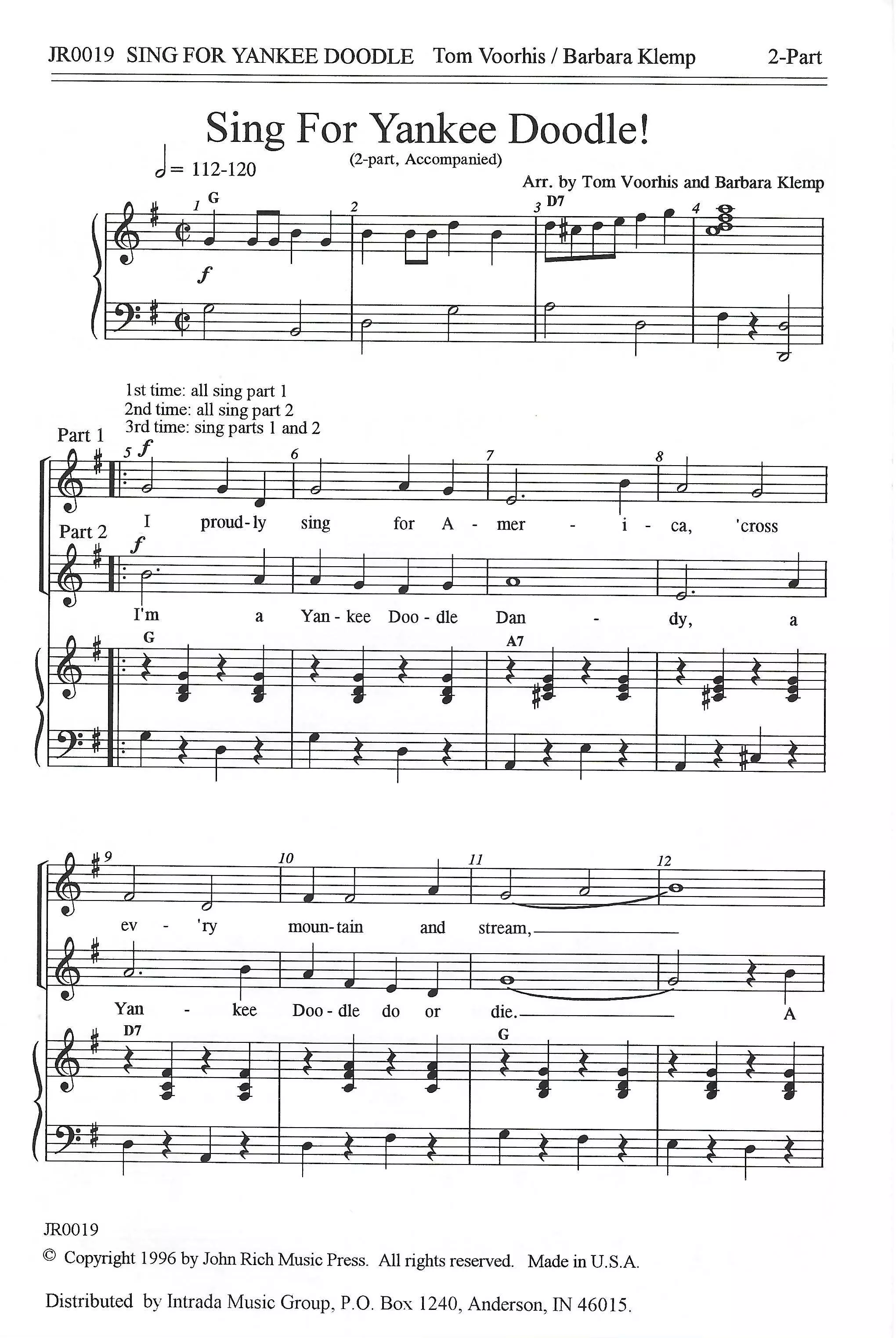 Sing For Yankee Doodle - 2-Part Treble - Choral Score - Pavane Publishing