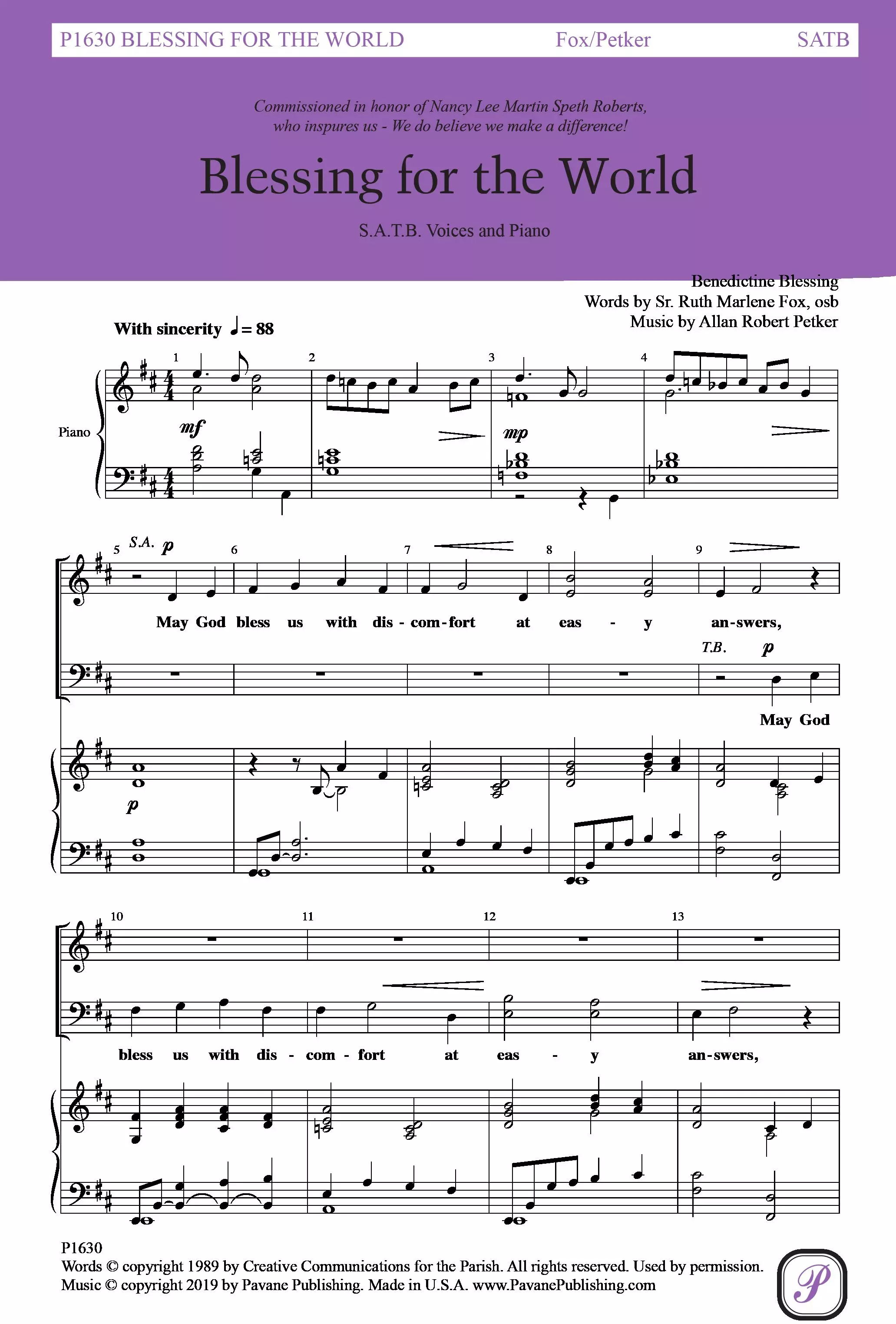Blessing For The World - SATB - Choral Score - Pavane Publishing