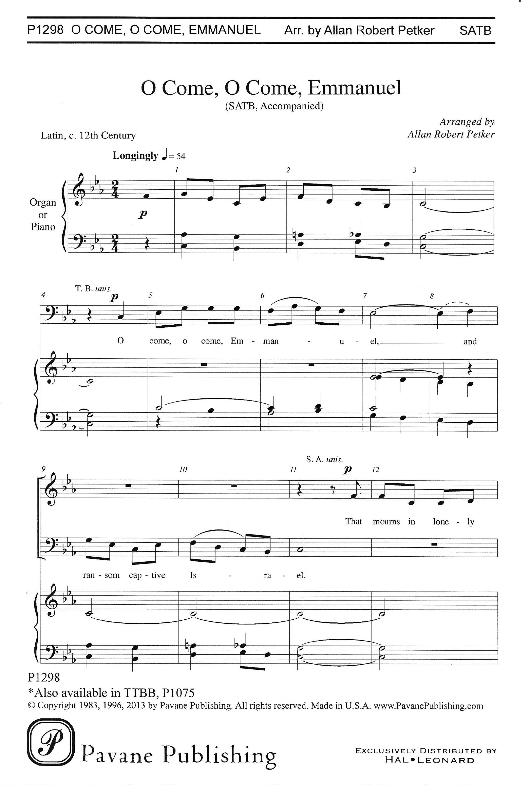 O Come, O Come, Emmanuel - SATB - Choral Score - Pavane Publishing