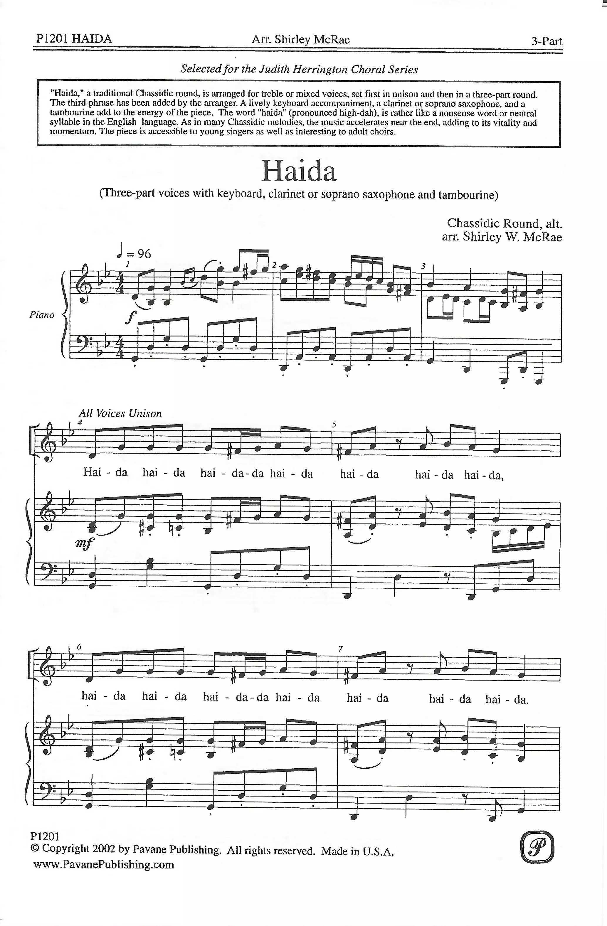Haida - 3-Part Treble - Choral Score - Pavane Publishing